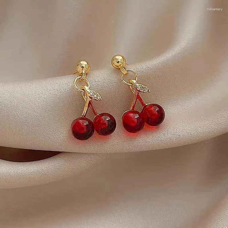 Cherry Dangle Earrings Cute Stainless Steel Zircon Earring for Women