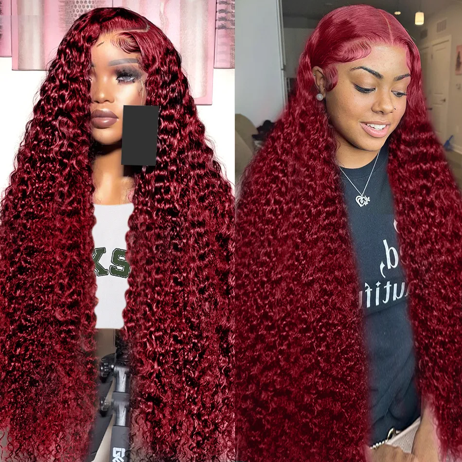 Deep Wave 99J Red Human Hair Lace Frontal Wig - 13x4, Remy, 180 Density ...
