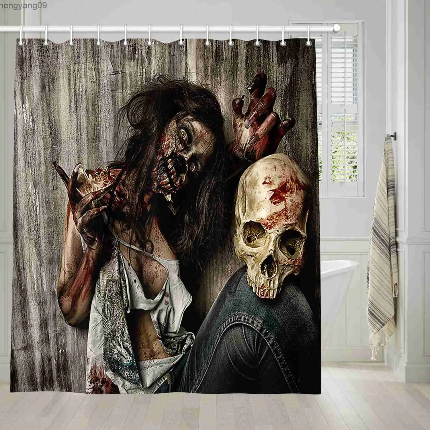 Scary Halloween Shower Curtain Set - Zombie, Bloody, Gothic Bathroom ...