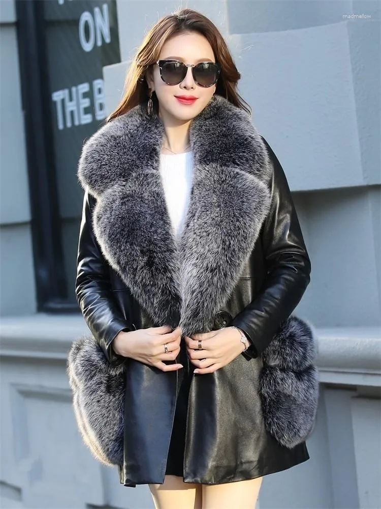 Women's Genuine Sheepskin Leather Down Jacket - Real Fur Collar, Warm ...