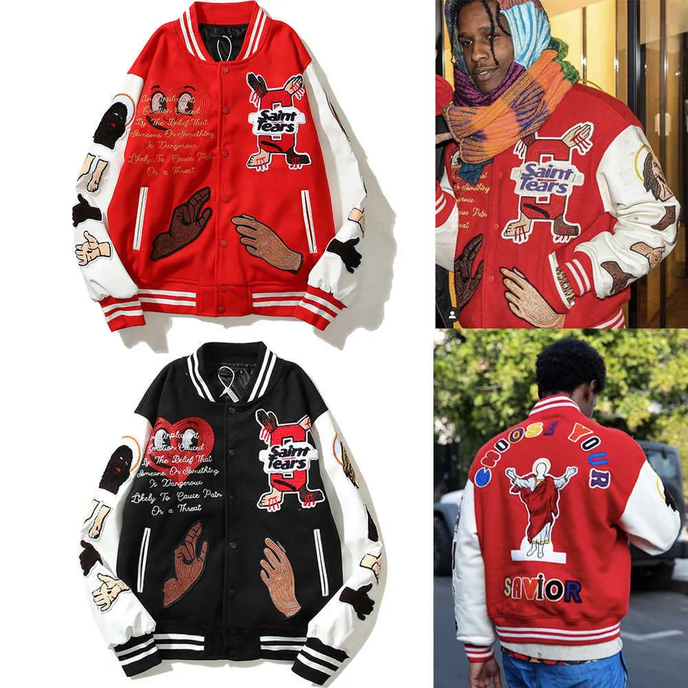 Men's Embroidered Bomber Jacket with Leather Sleeve and Armband ...