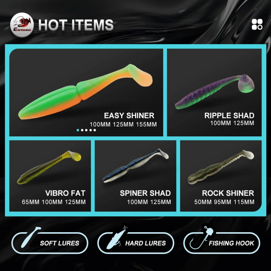 ESFISHING Rock Viber Shad Soft Baits Lures: 50mm, 95mm, 115mm Shiner ...
