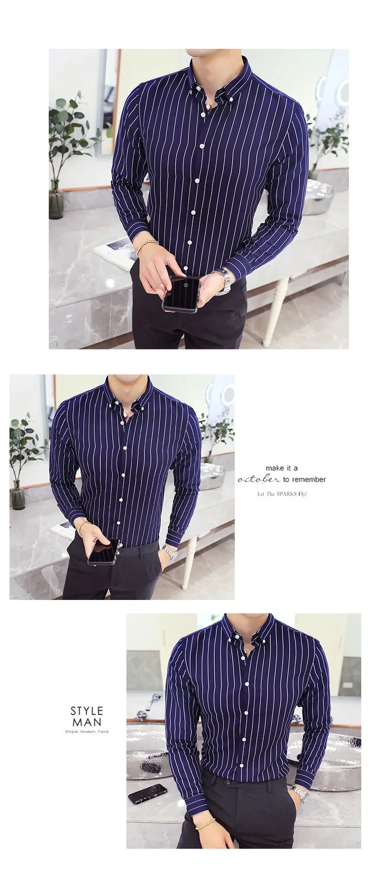 Men's Casual Shirts Slim Fit Striped Long Sleeve Smart Dress Size 5XL ...