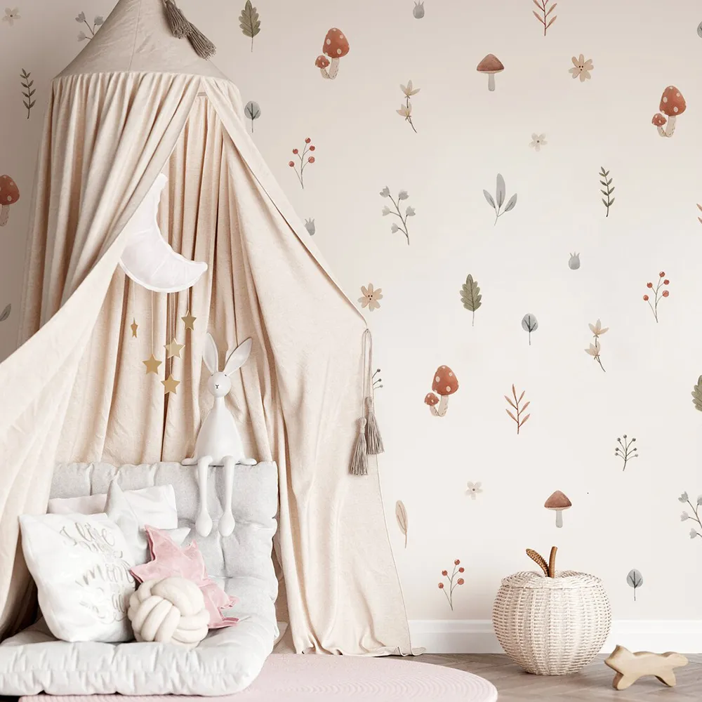 Boho Nursery Wall Decals: Cartoon Mushroom, Branch & Flower Stickers ...