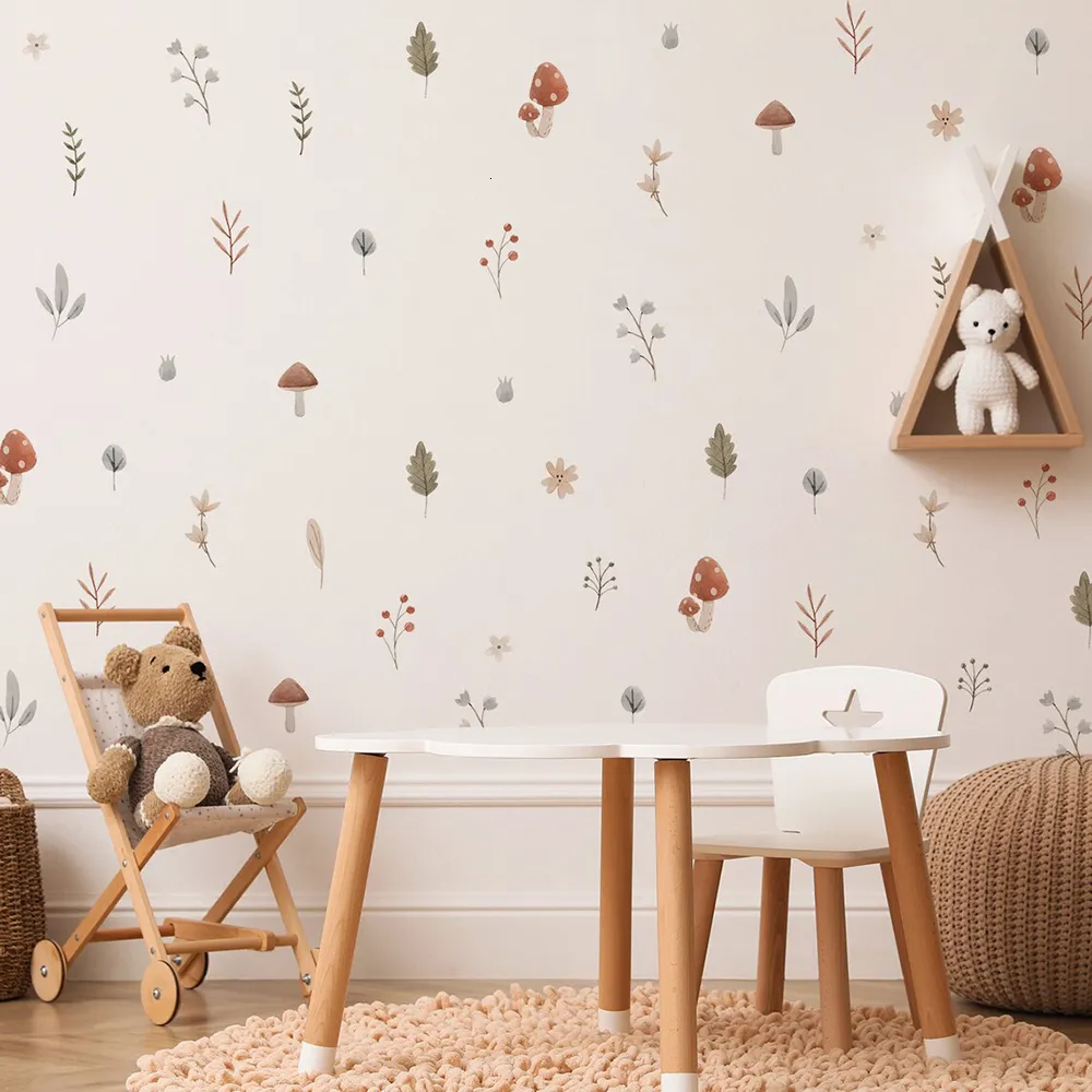 Boho Nursery Wall Decals: Cartoon Mushroom, Branch & Flower Stickers ...