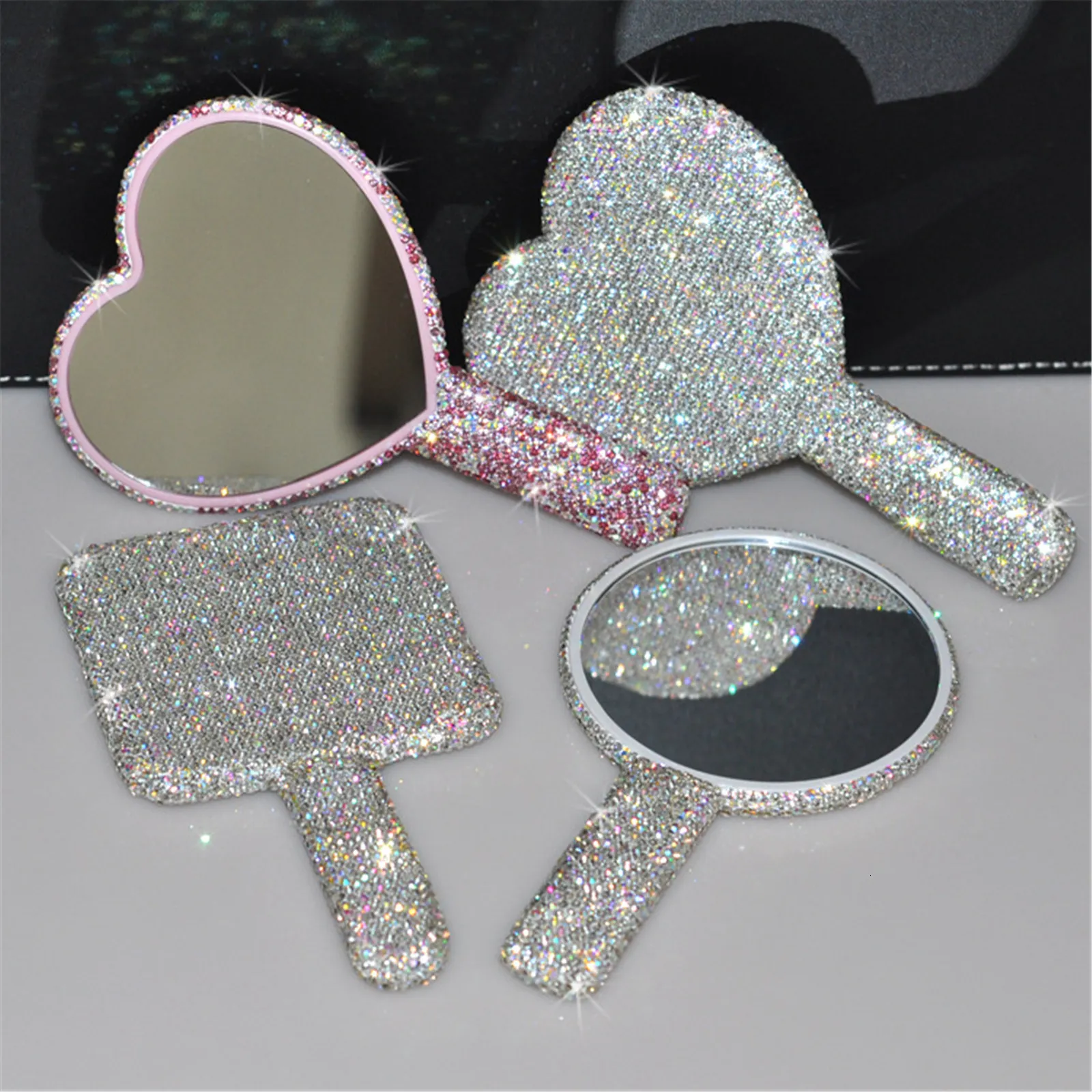 Luxury Diamond Hand Mirror With Love Heart Design Compact Cosmetic ...