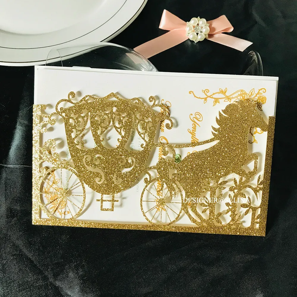2020 Rose Gold Glitter Laser Cut Invitation Cards With Gold Ribbons For ...