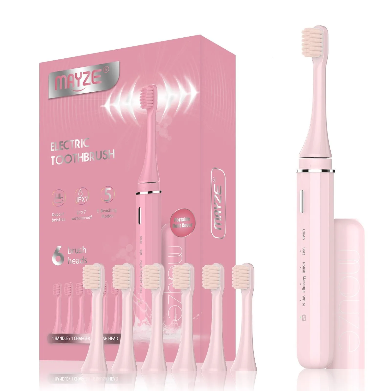 Sonic Vibration Electric Toothbrush with USB Charge, 6 Brush Heads, 5 ...