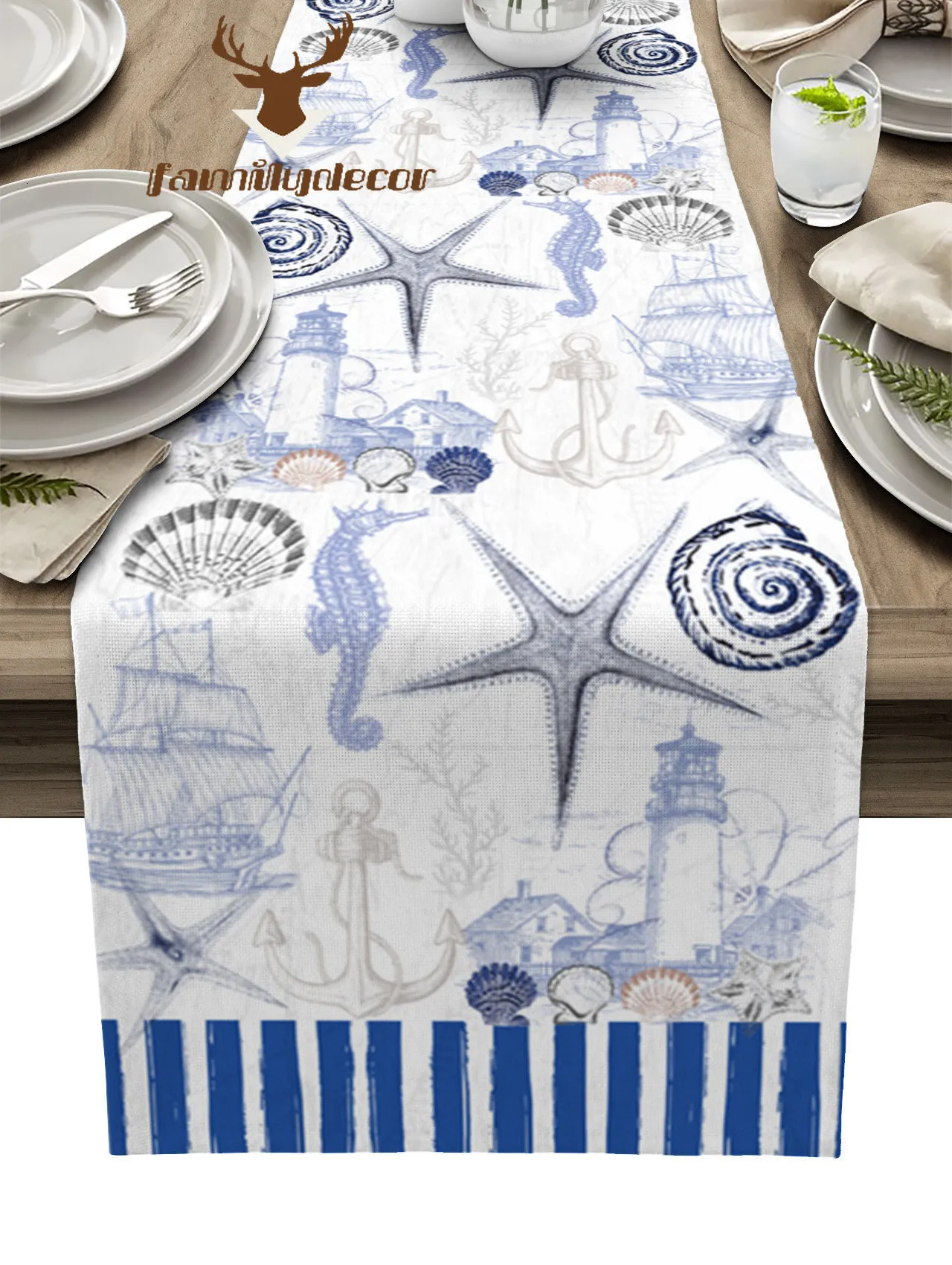 Table Runner Marine Stripes Ocean Shells Starfish Lighthouse Anchor ...