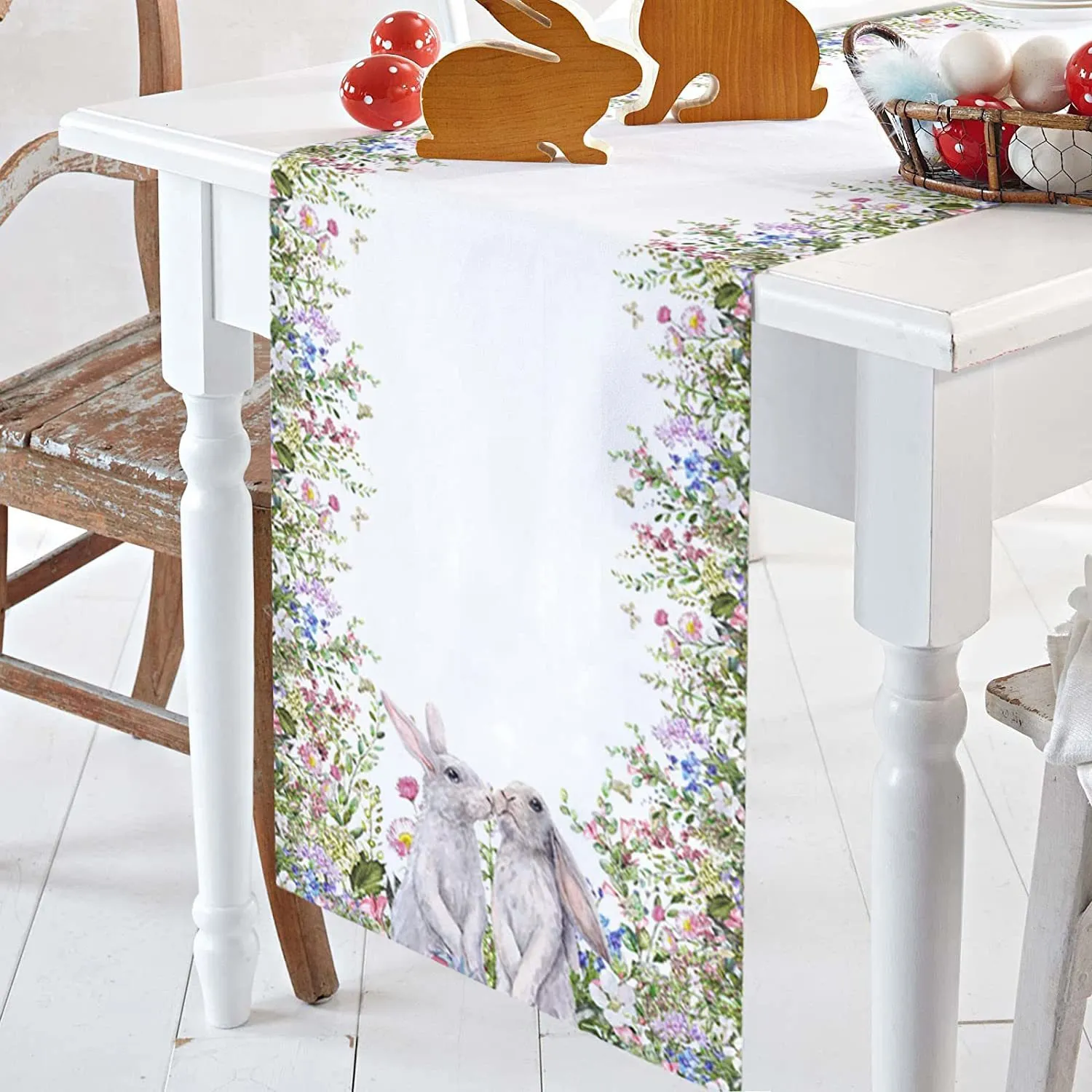 Table Runner Linen Burlap Easter Table Runner Dresser Scarves Bunny ...