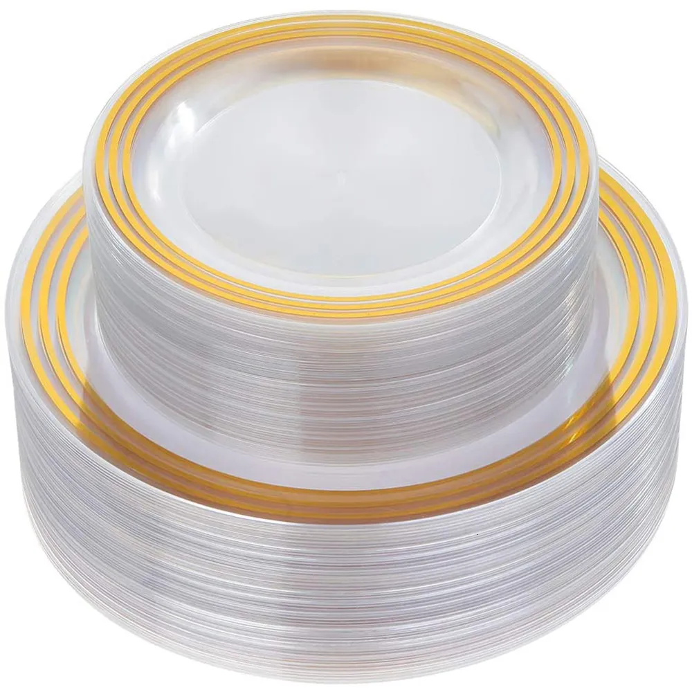 DHgate.com:Transparent Golden Rim Disposable Dinnerware Plates - 20Pcs ...