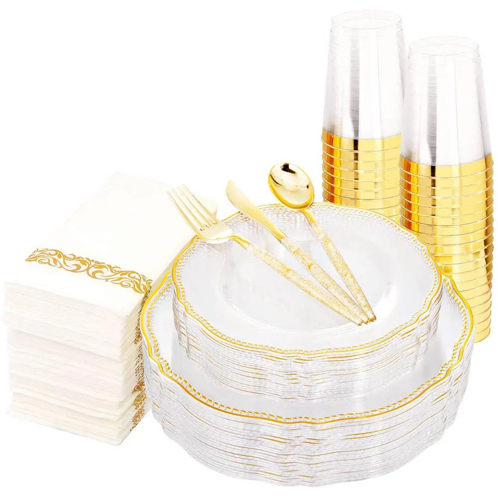 175-Piece Elegant Disposable Dinnerware Set - Transparent Gold Plastic ...