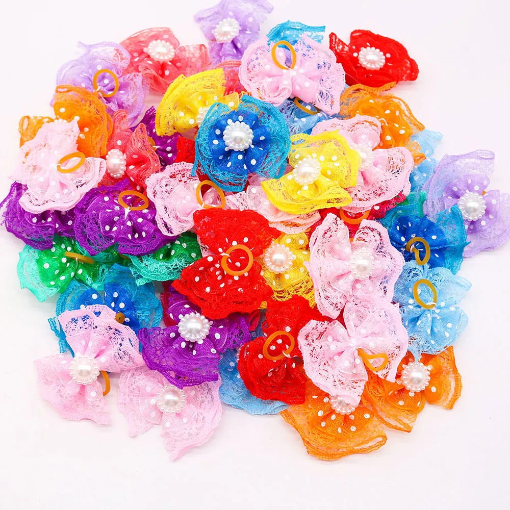 DHgate.com:20Pcs Lace Pet Hair Bows with Diamond, Rubber Band Grooming ...