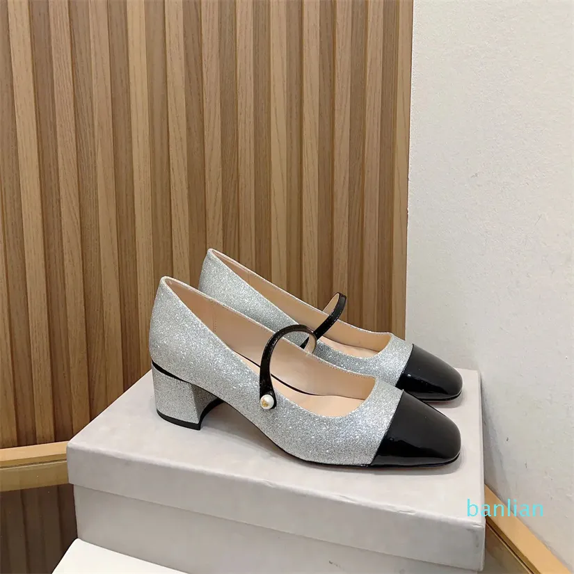 Mary Jane Shoes Spliced Patent Leather Chunky Heel Square High Heels ...