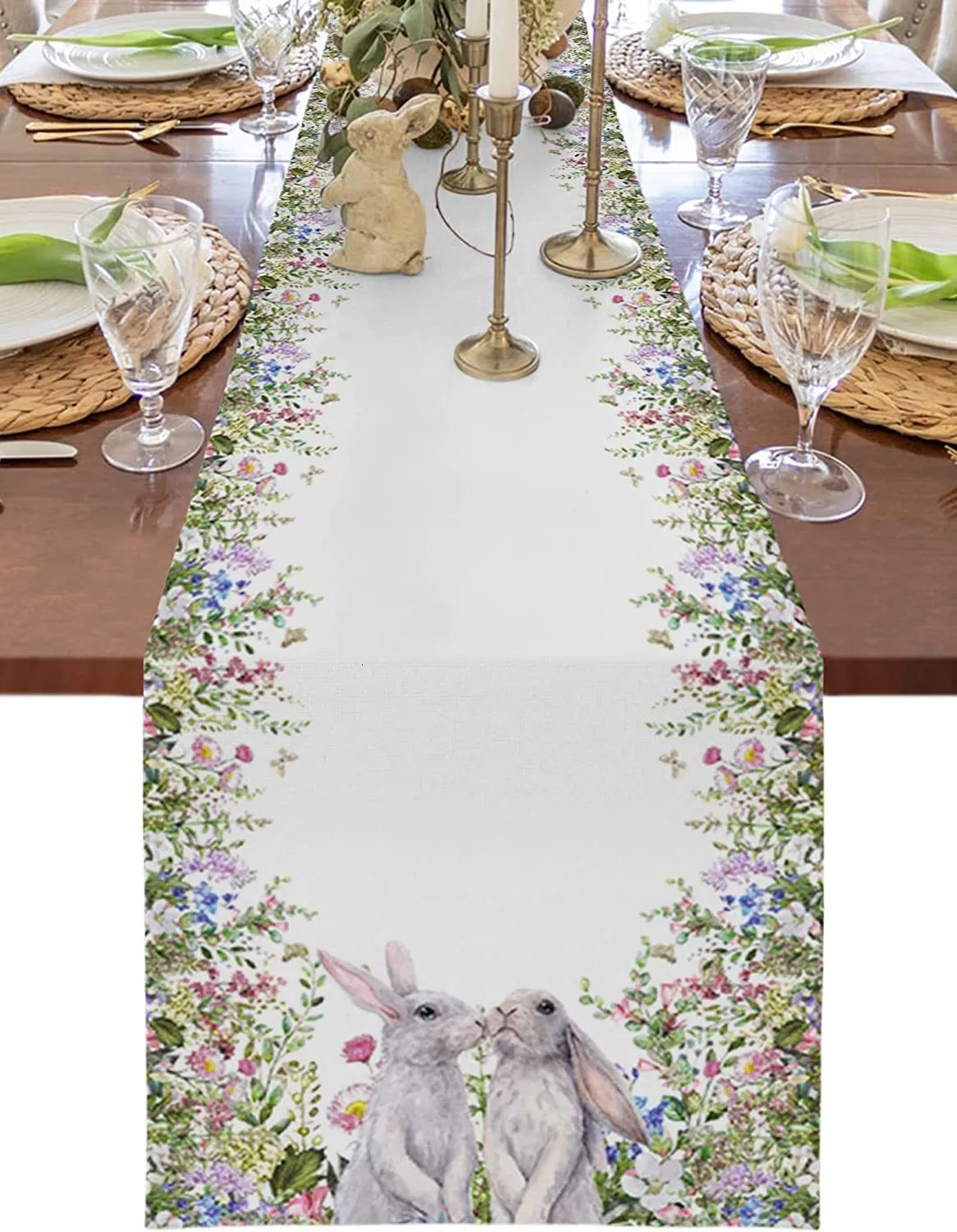 Table Runner Linen Burlap Easter Table Runner Dresser Scarves Bunny ...