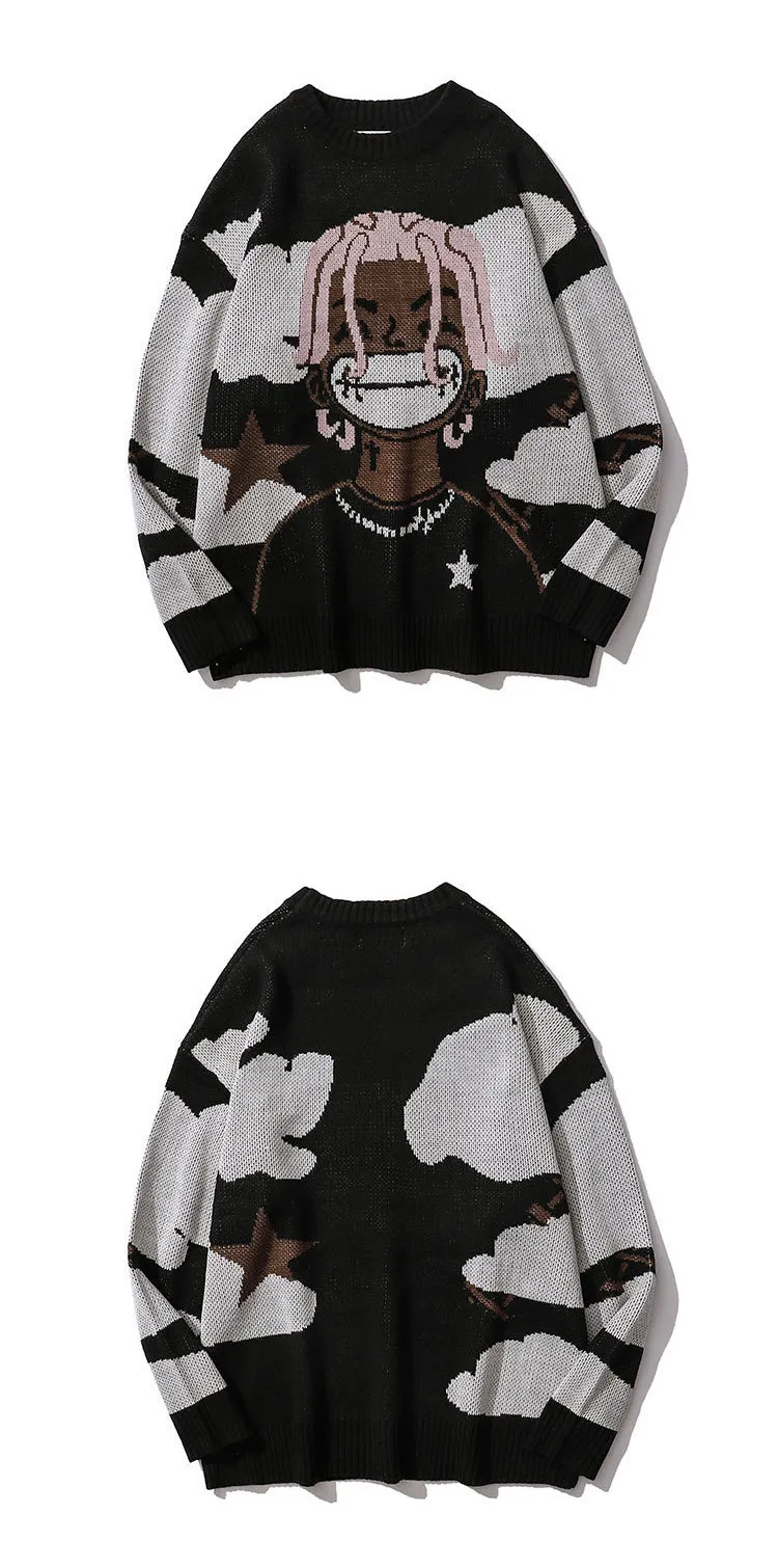 Men's Harajuku Vintage Cartoon Anime Knitted Sweater Winter Oversized ...