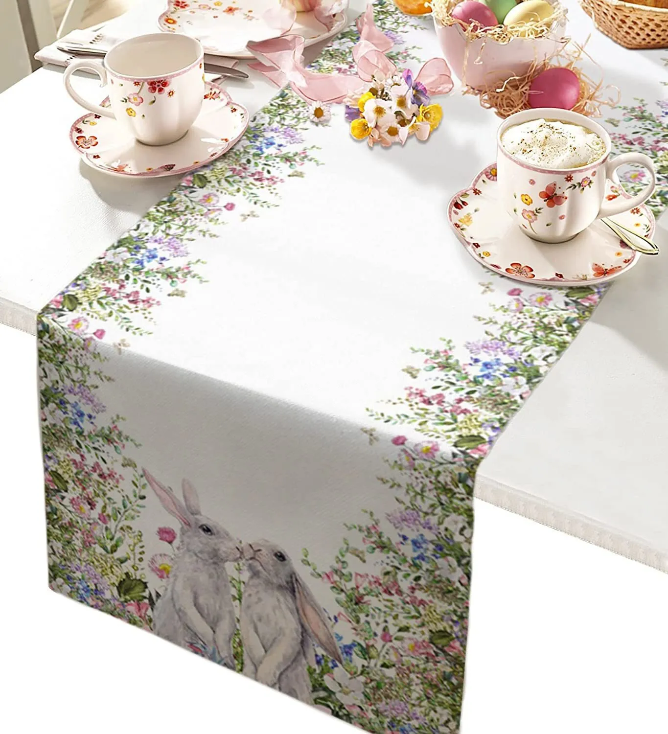 Table Runner Linen Burlap Easter Table Runner Dresser Scarves Bunny ...