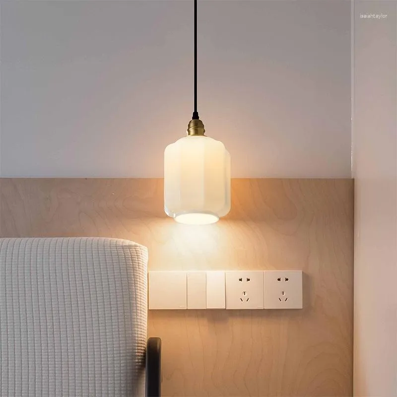 Modern White Jade Glass Pendant Lamp, Simple Bedroom Bedside Hanging ...