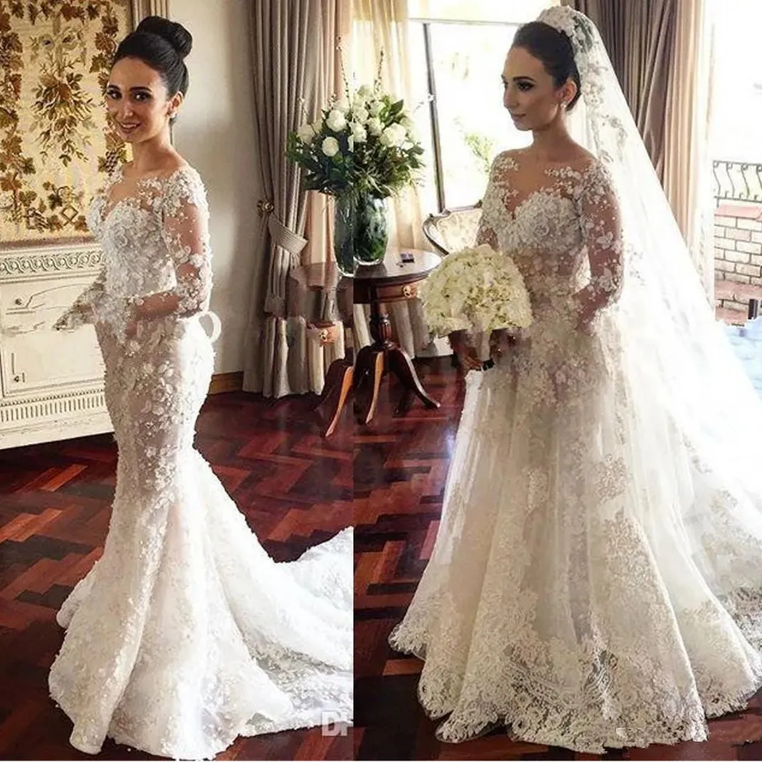 Sexy Arabic Sheer Neck Lace Mermaid Wedding Dress Two Piece Bridal Gown ...