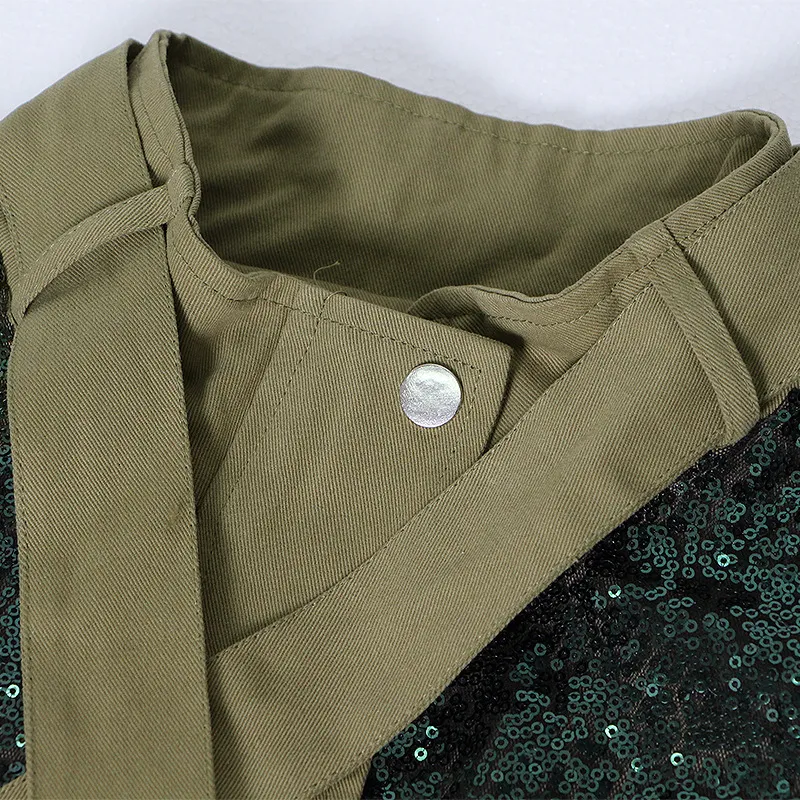 Army Green Cargo Jacket Women - Street Style Sequin, Lace-Up Tie Waist ...
