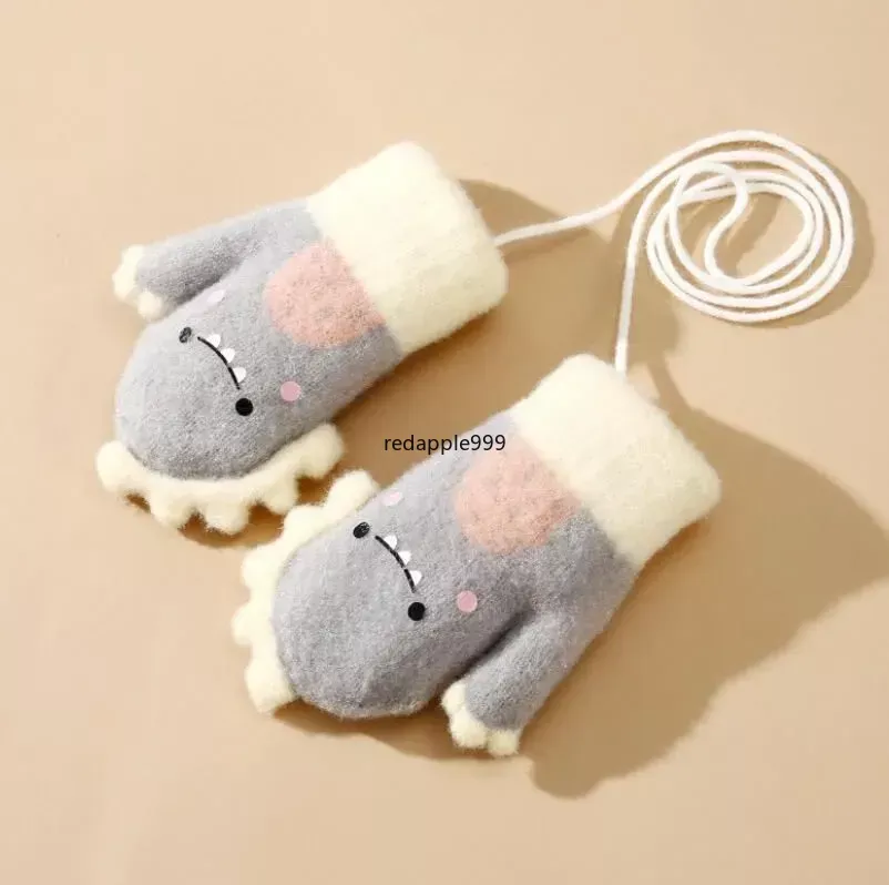 Cute Cartoon Dinosaur Knitted Alpaca Fingerless Mittens For Kids Thick ...