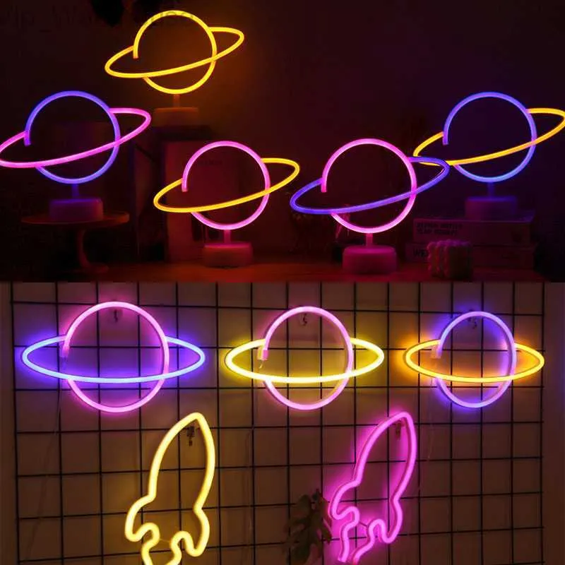 Rainbow Planet Neon Sign With Lightning Rocket LED Lights Perfect For ...