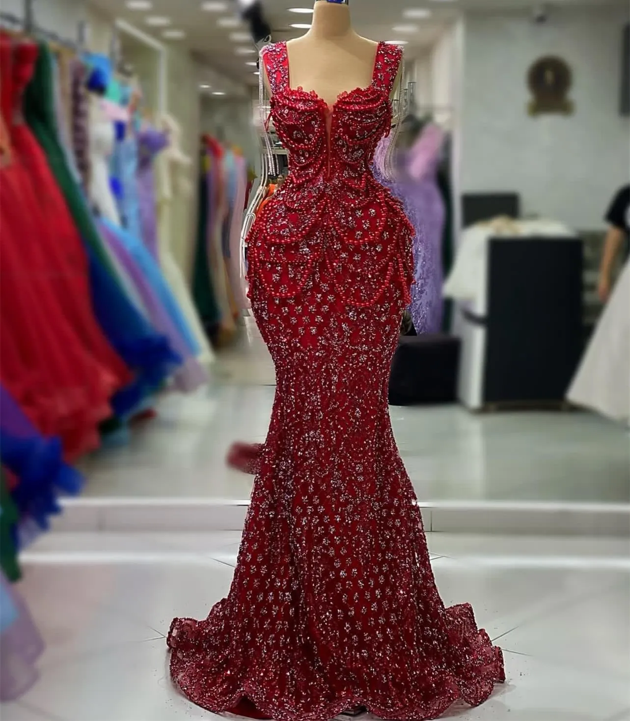 Aso Ebi Red Mermaid Prom Dresses Pearls & Crystals Evening Gown For ...