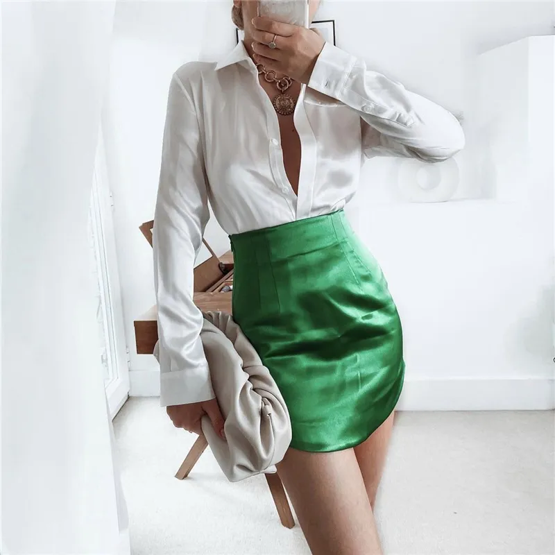 Slim Chic Elegant Women's Mini Skirt - Green Satin High Street Solid ...