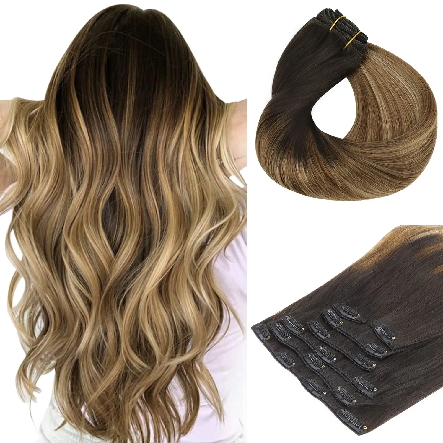 120g Clip On Human Hair Extensions In Straight Dark Brown To Dirty ...