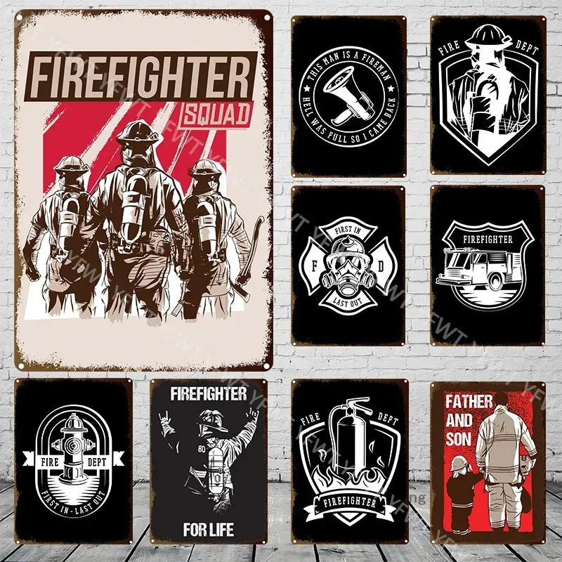 Fire Crew Sign: Retro Fire Equipment Metal Poster With Metal Background ...