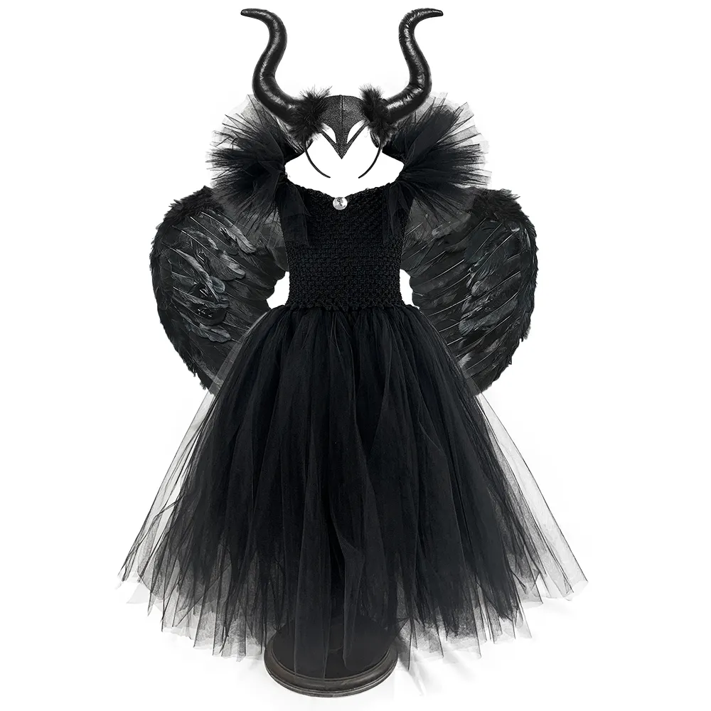 Traje Temático Disfraz De Bruja Negra Cuernos De Ala Vestido De Tutú