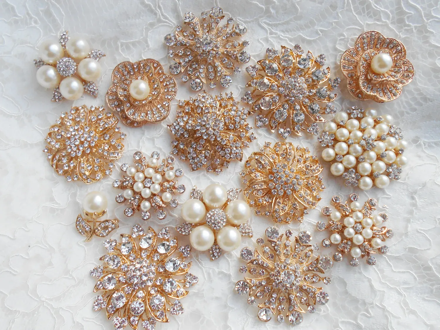 Rhinestone Brooches Set: 15 Gold Tone Crystal And Cream Pearl Brooches ...