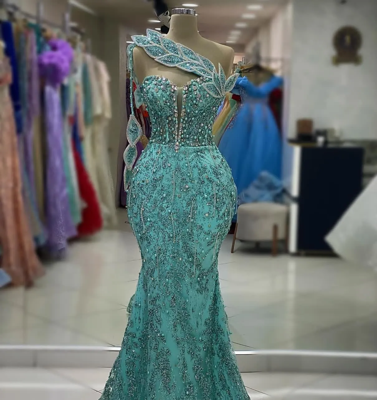 Arabic Mint Mermaid Peacock Prom Dress With Crystals And Pearls Perfect ...