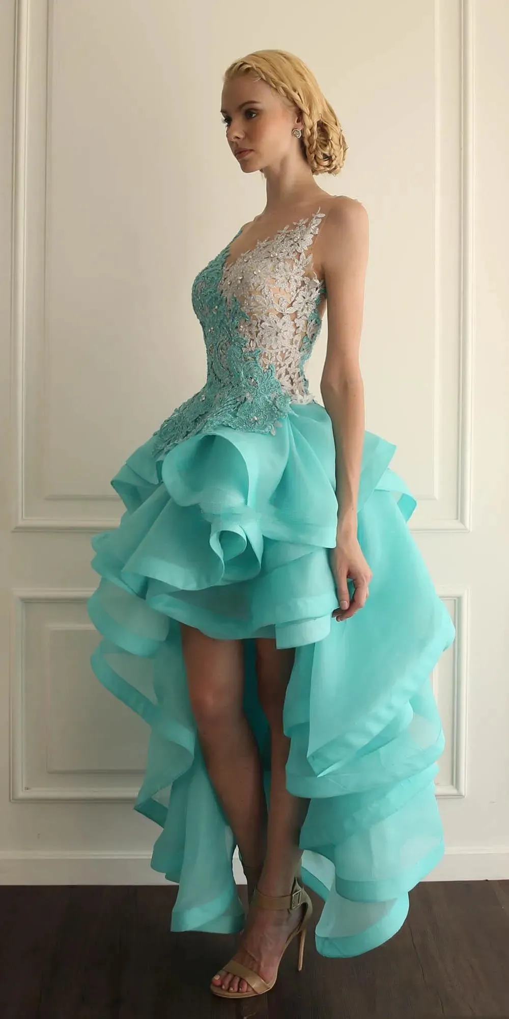 Jewel Sheer Colliline High Low Short Homecoming Robes Turquoise Prom ...