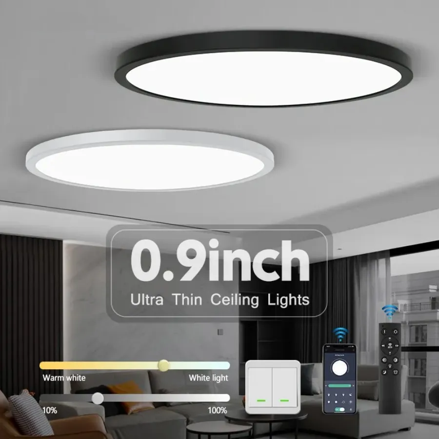 9'' Dimmable LED Ceiling Light Fixture, 12W Ultra-Thin Round Panel ...
