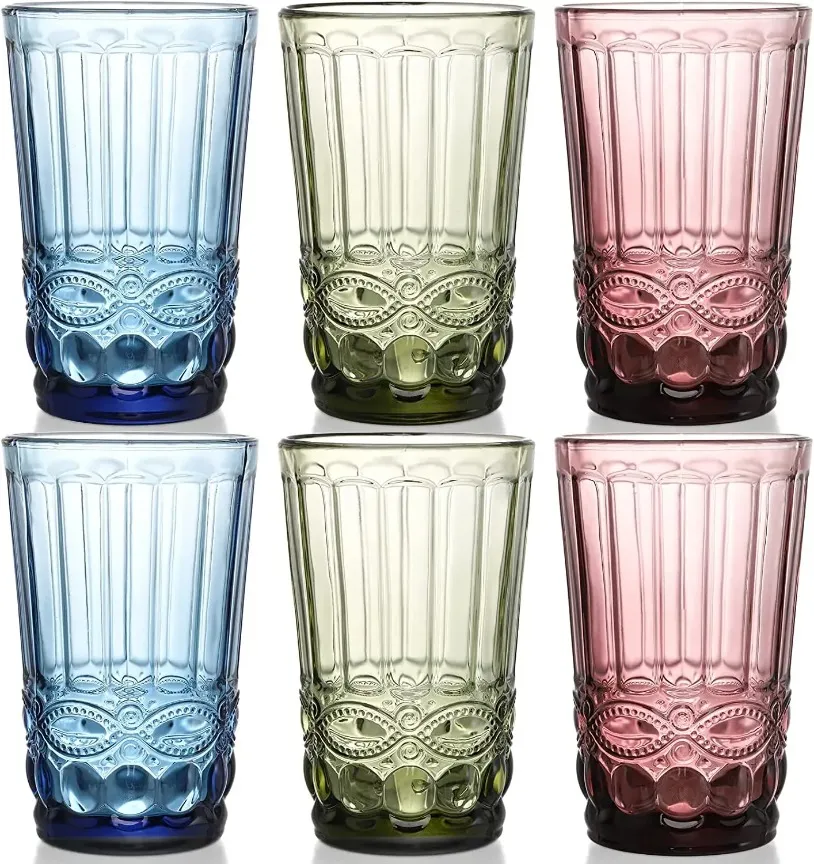 Retro Drinking Glasses, Embossed Colored Glassware Set, Vintage Water ...