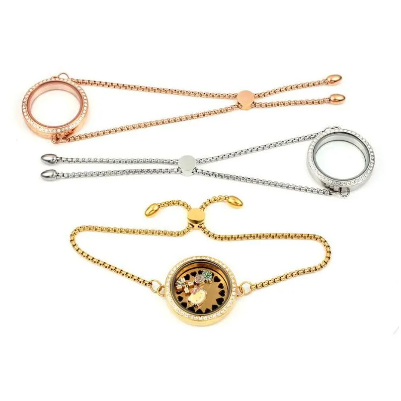 Floating Glass Locket With Stone Bracelet Adjustable 316L Stainless ...