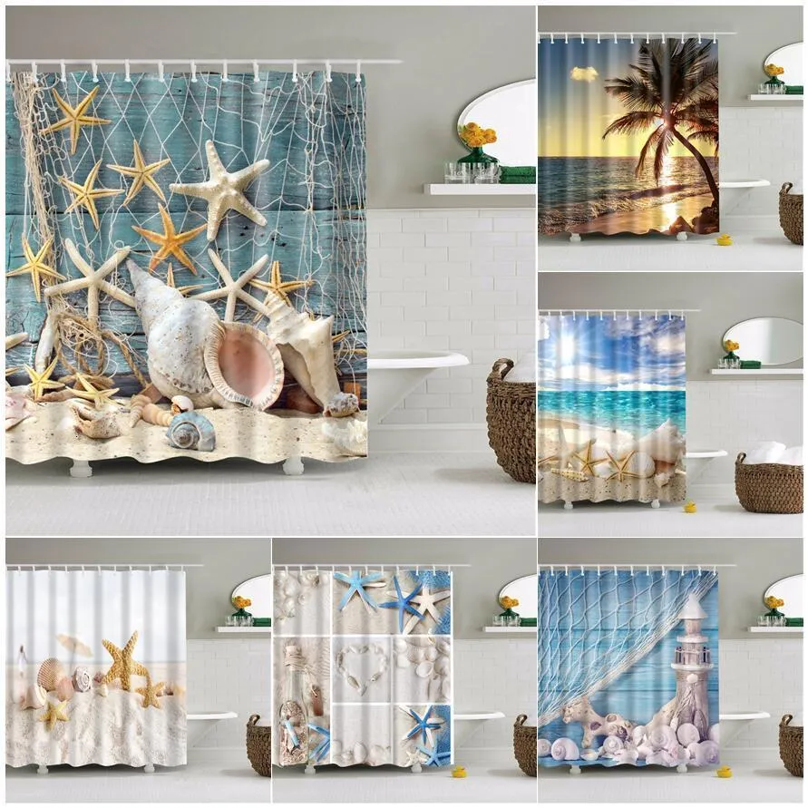 Seaside Scenic Beach Shells Shower Curtains, Starfish Conch Blue Board ...