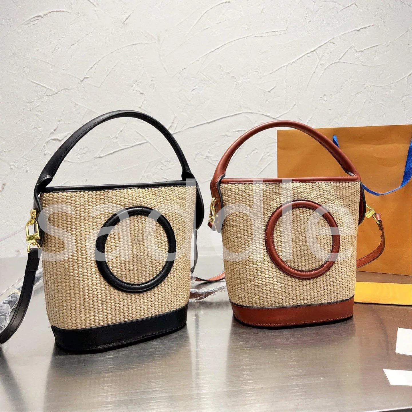 Straw Bucket Bag With Drawstring Closure, Fashionable Summer Handbag ...