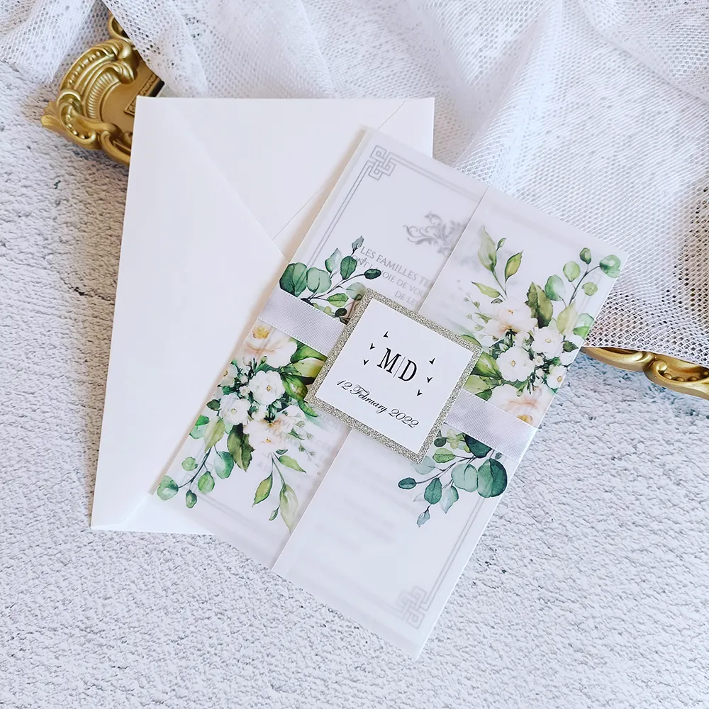 50X Green Flower Wedding Invitations with Silver Glitter Tag Vellum ...