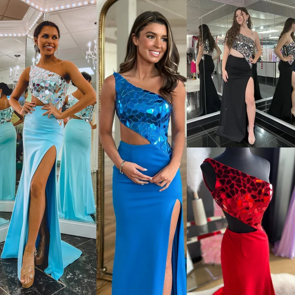 One Shoulder High Slit Long Prom Dress 2k23 Cut Out Cut Glass Mirror ...