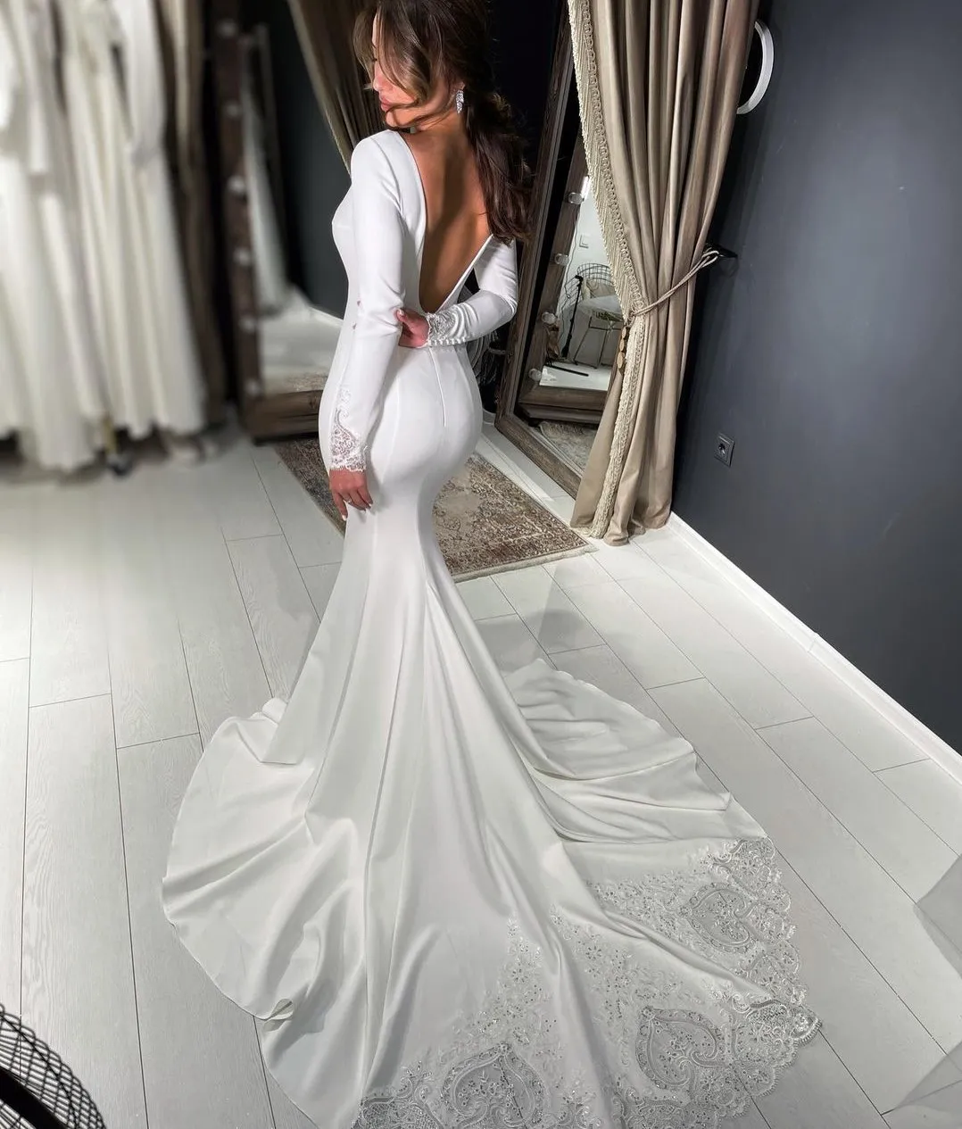 Aline High Neck Wedding Dress: Satin Mermaid Bridal Gown with Long ...