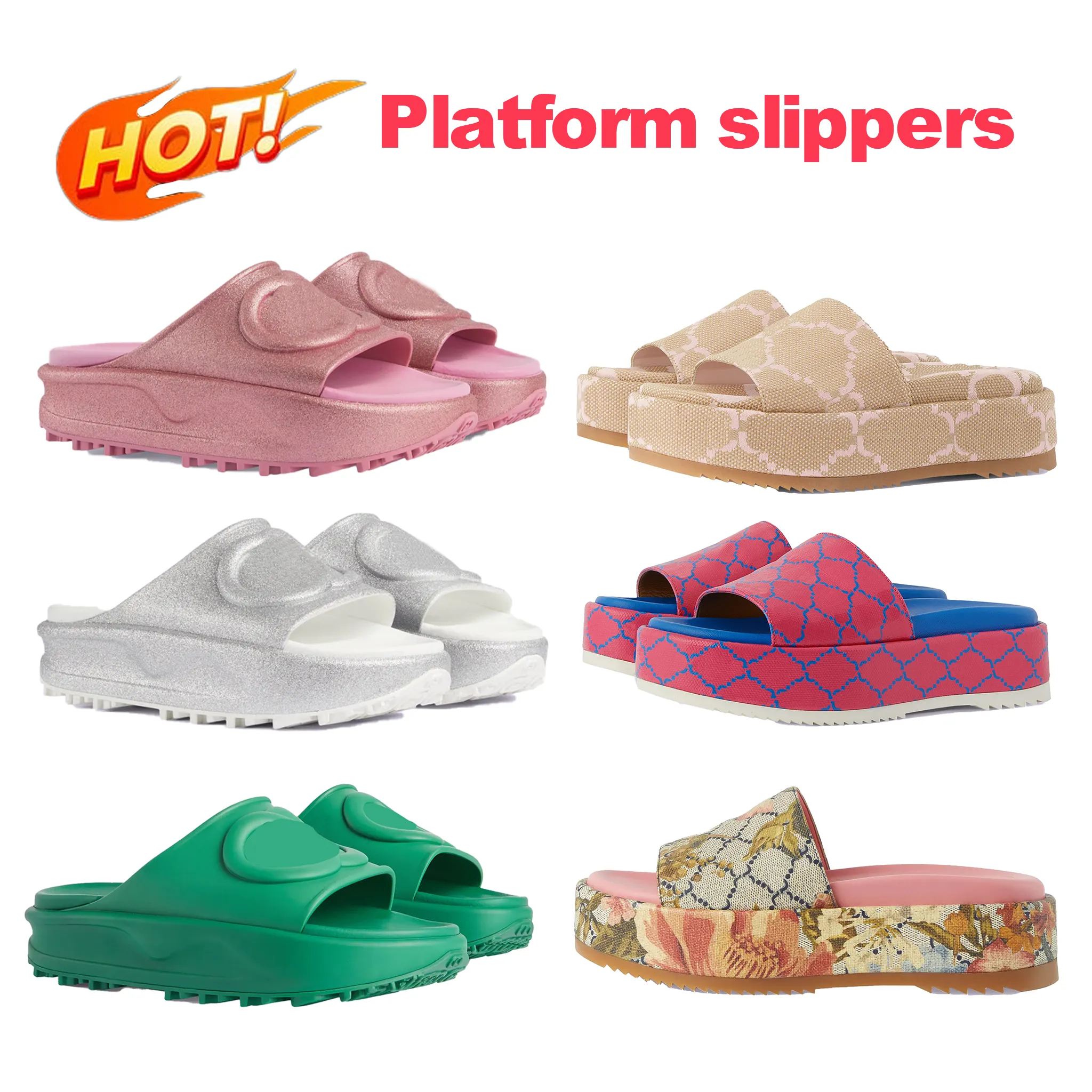 Embroidered Designer Interlocking Rubber Slides Thick Bottom Canvas ...