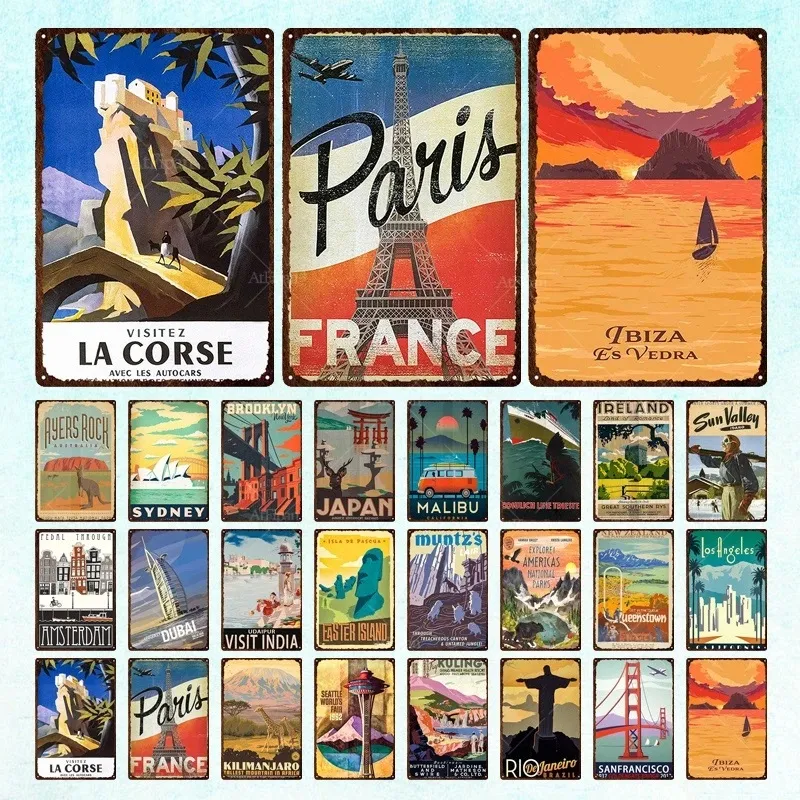 Vintage Cityscape Metal Signs - Retro Paris, Sydney, France Travel ...