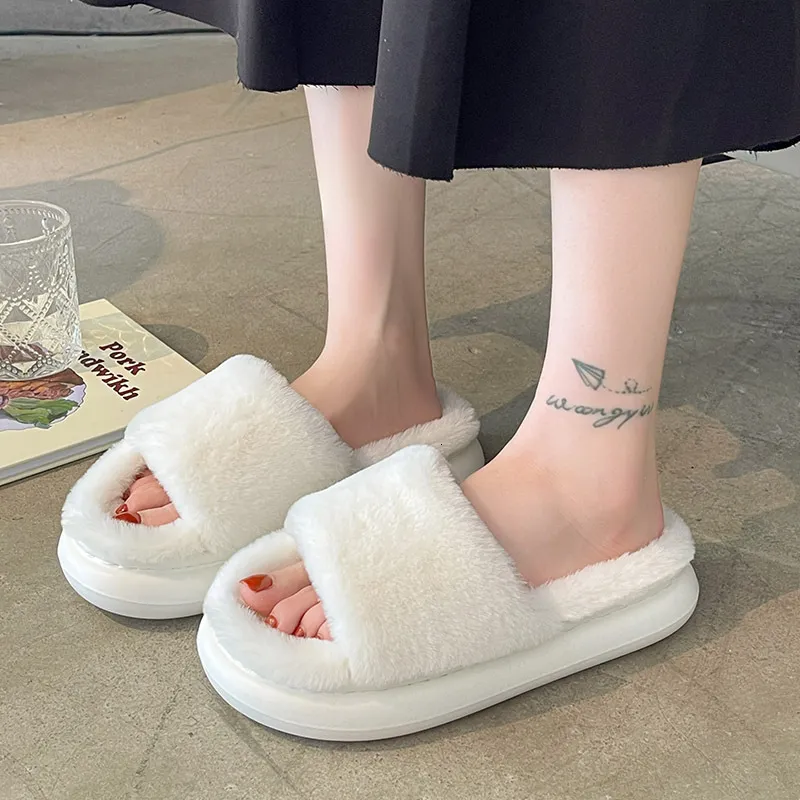 Fluffy Fur Slippers - Women's Winter Warm Plush Slides, Thick Platform ...