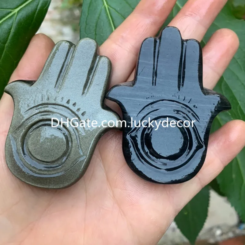 Handmade Carved Obsidian Hamsa Statue Gold And Silver Sheen ...