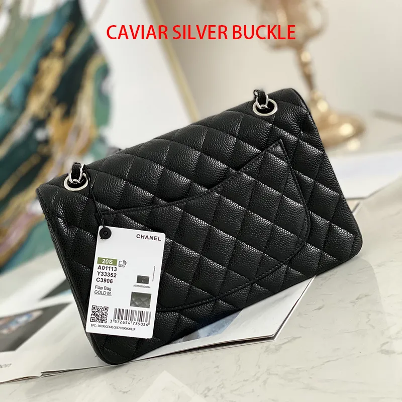 Luxury Caviar Designer Flap Bag With Mirror, Small Silver Chain Black ...