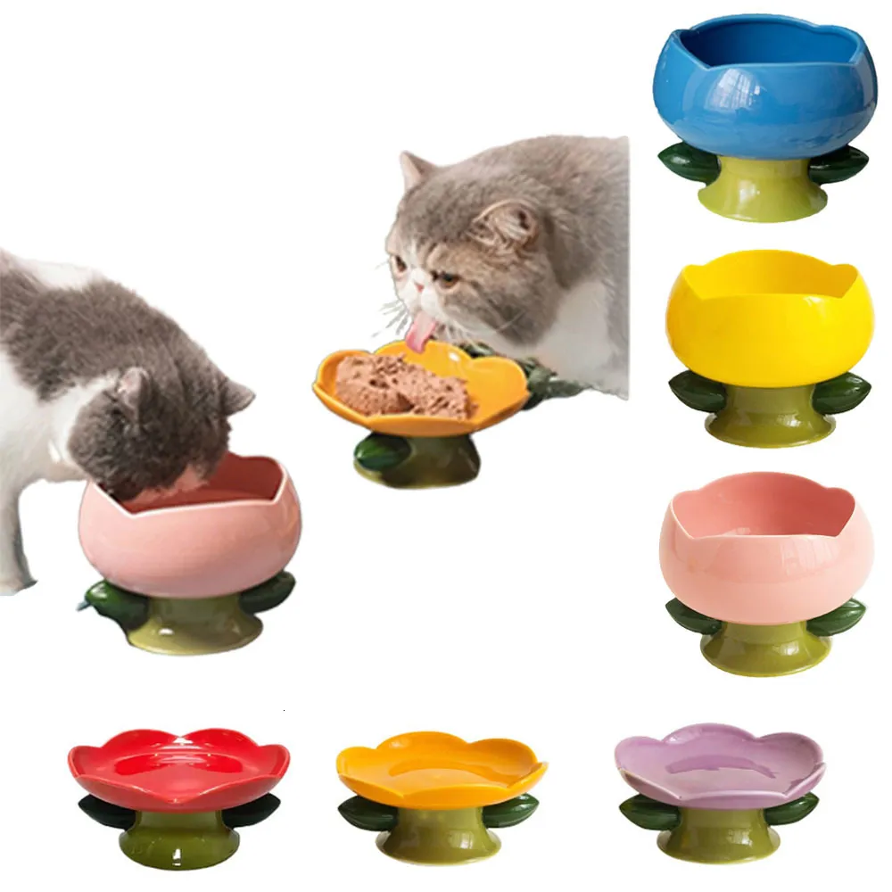 Cute Ceramic Cat Bowl - Elevated Pet Feeder, Flower Design, Non-Slip ...