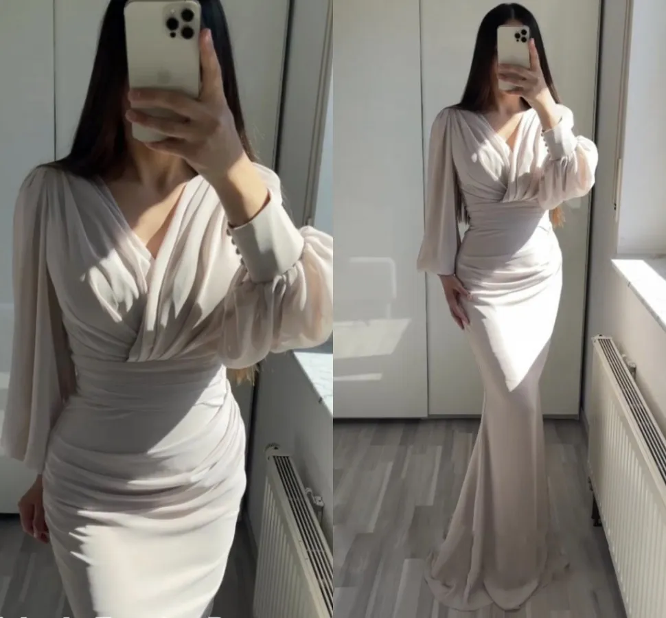 Arabic White Evening Dress Long Puffy Sleeves Chiffon Mermaid V Neck ...