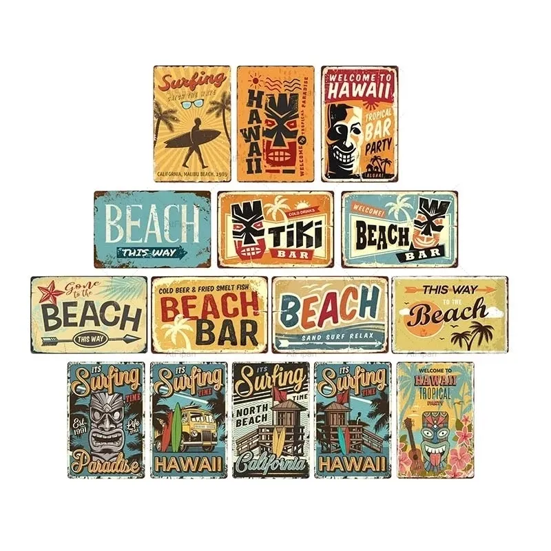 Retro Rusty Board Surf Sign, Vintage Surfing Time Poster Summer Tiki ...